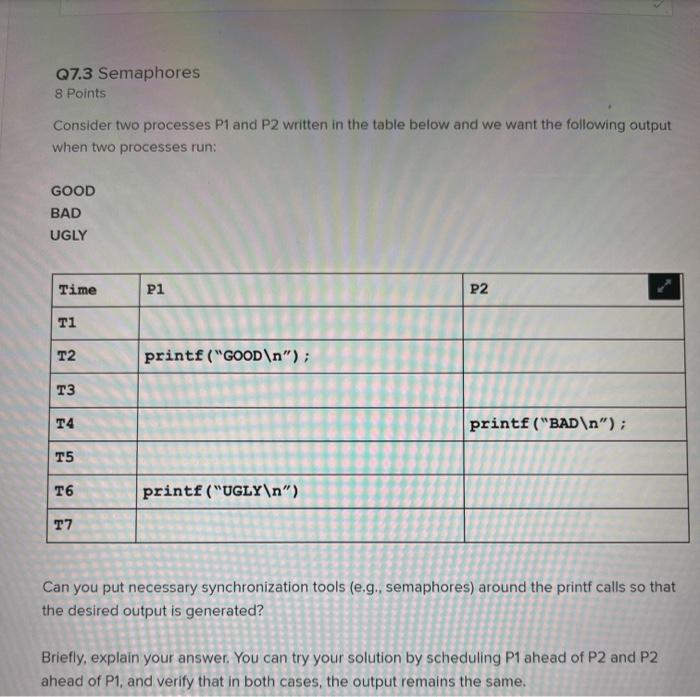 Solved Q7.3 Semaphores 8 Points Consider two processes P1 | Chegg.com