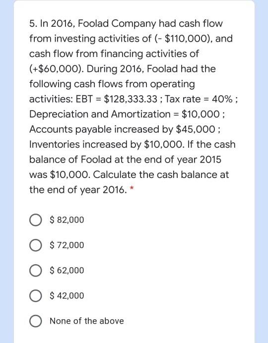 Solved 5. In 2016, Foolad Company had cash flow from | Chegg.com