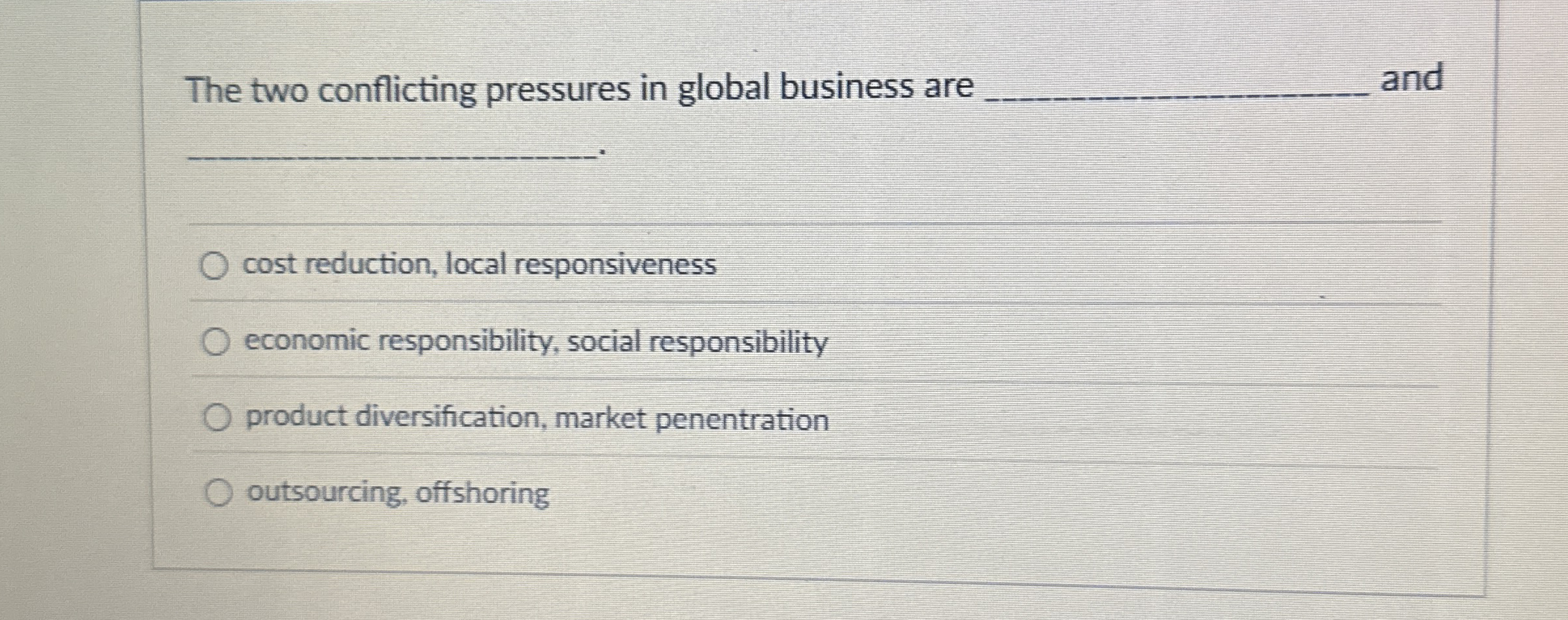 Solved The two conflicting pressures in global business are | Chegg.com