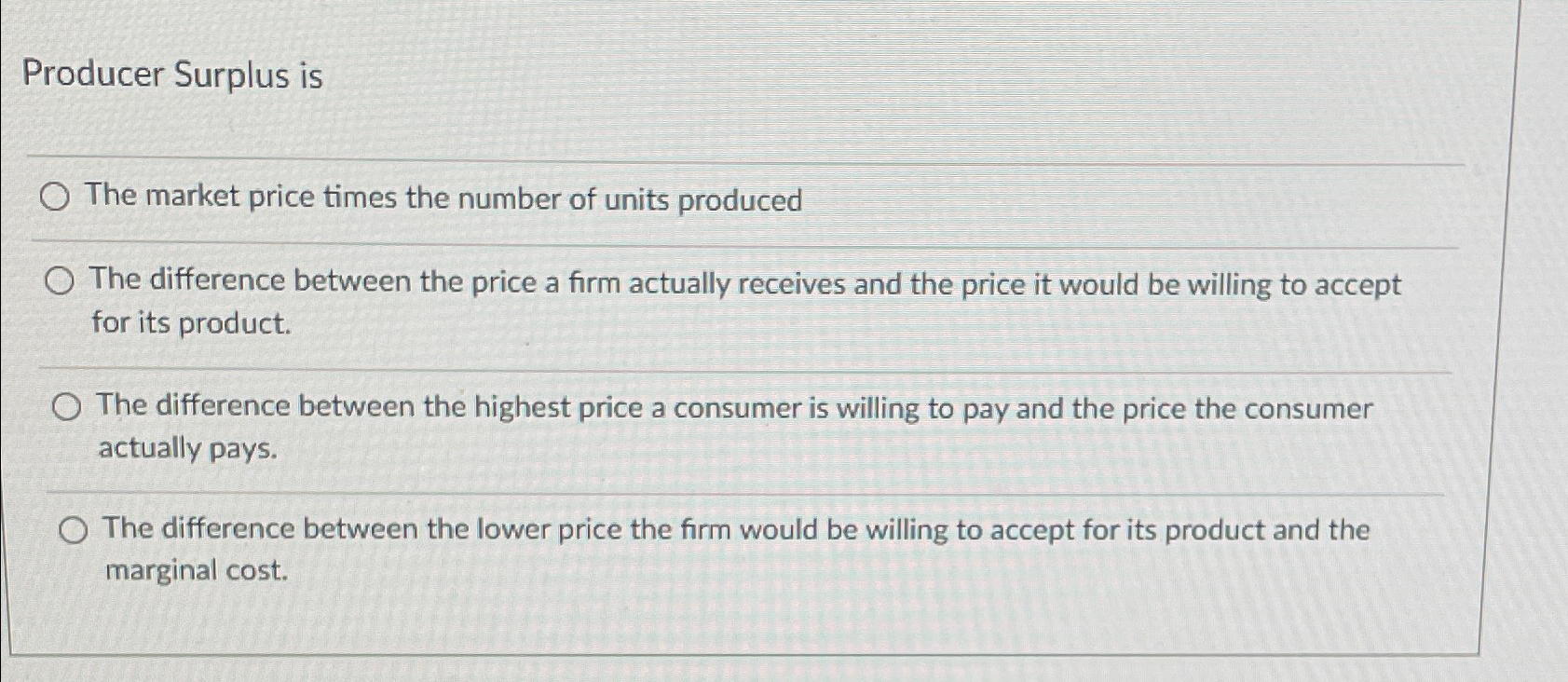 Solved Producer Surplus isThe market price times the number | Chegg.com