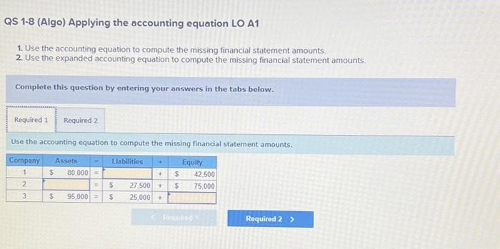 Solved QS 1-8 (Algo) Applying the accounting equation LO A1 | Chegg.com