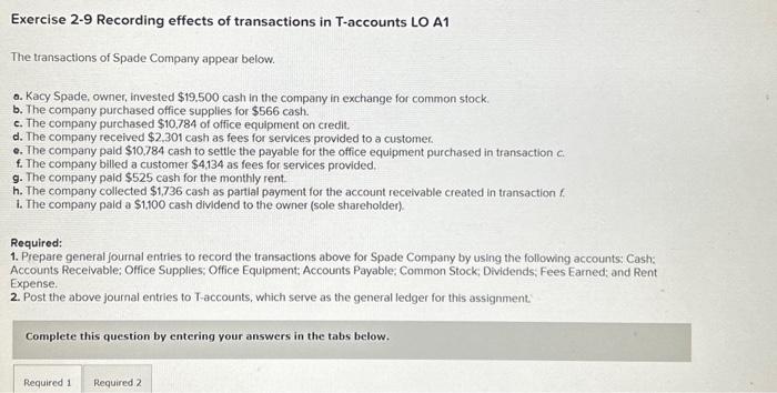 Solved Exercise 2-9 Recording effects of transactions in | Chegg.com