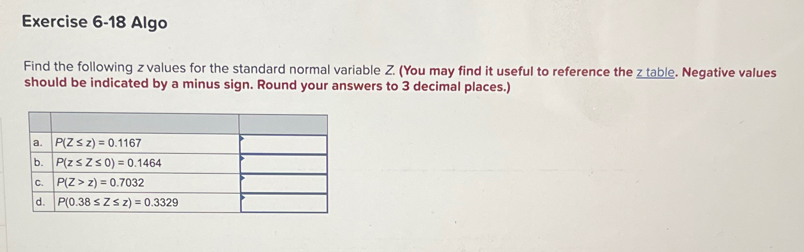 Solved Exercise 6-18 ﻿AlgoFind the following z ﻿values for | Chegg.com