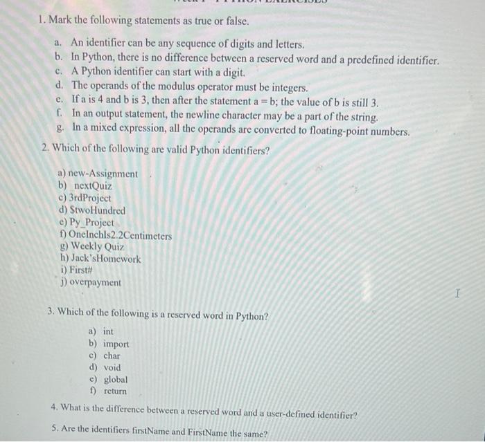 Solved 1. Mark the following statements as true or false. a. | Chegg.com