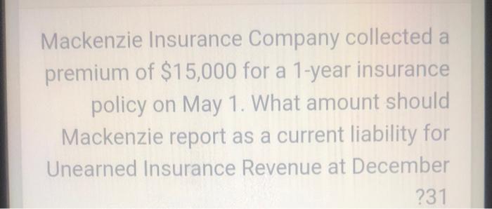 Solved Mackenzie Insurance Company collected a premium of | Chegg.com