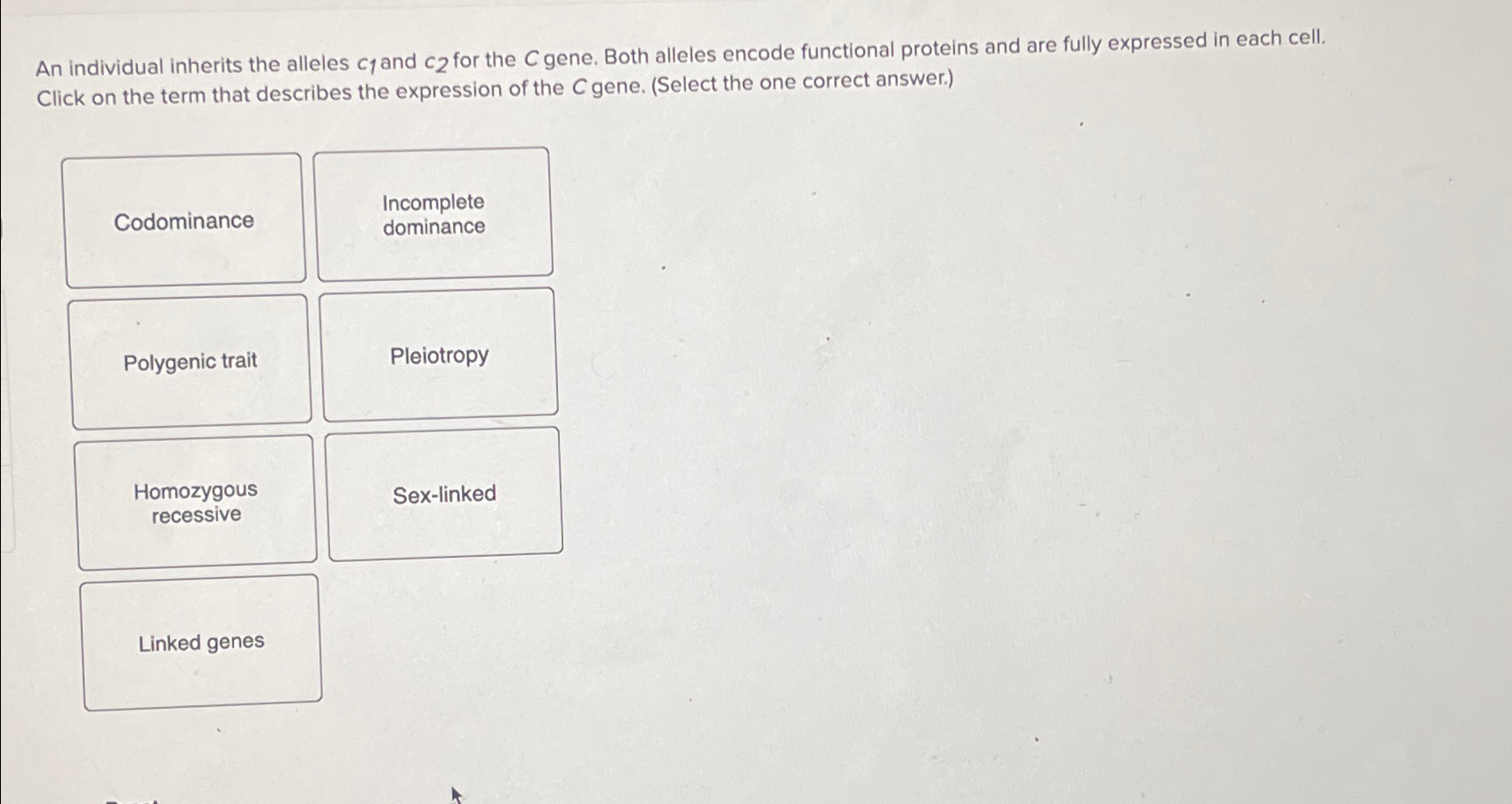 Solved An individual inherits the alleles c1 ﻿and c2 ﻿for | Chegg.com