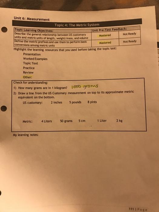 Solved Unit 6: Measurement Topic 4: The Metric System Topic | Chegg.com