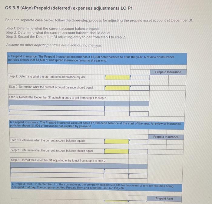 Solved QS 3-5 (Algo) Prepaid (deferred) expenses adjustments | Chegg.com