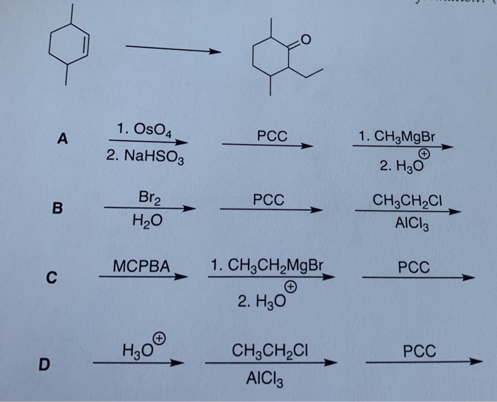 Solved 1. OsO4 PCC 1. CH3MGBR 2. NaHSO3 2. H30 Br2 PCC | Chegg.com