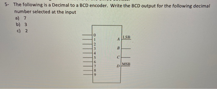 Solved 5- The following is a Decimal to a BCD encoder. Write | Chegg.com