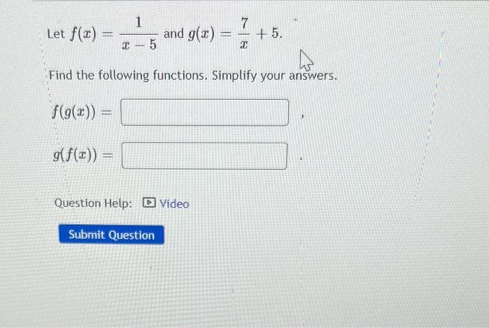 Solved Let f(x)=x−51 and g(x)=x7+5. Find the following | Chegg.com