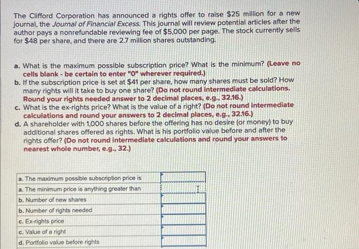 Solved The Clifford Corporation has announced a rights offer | Chegg.com
