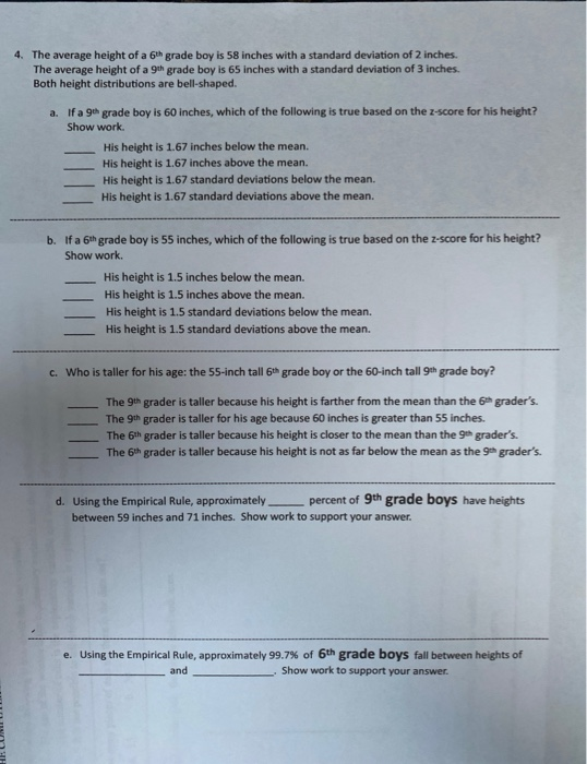 Solved 4. The average height of a 6th grade boy is 58 inches | Chegg.com