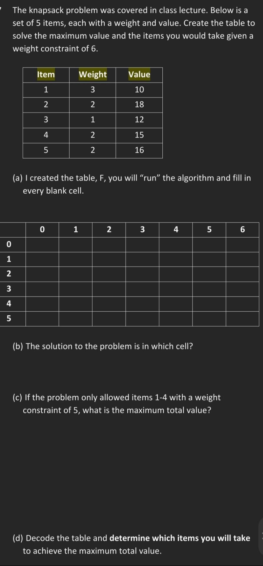 Solved The knapsack problem was covered in class lecture. | Chegg.com