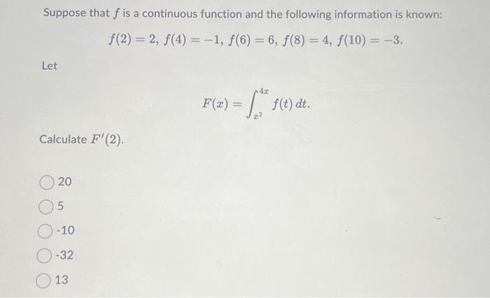 Solved Suppose that f is a continuous function and the | Chegg.com