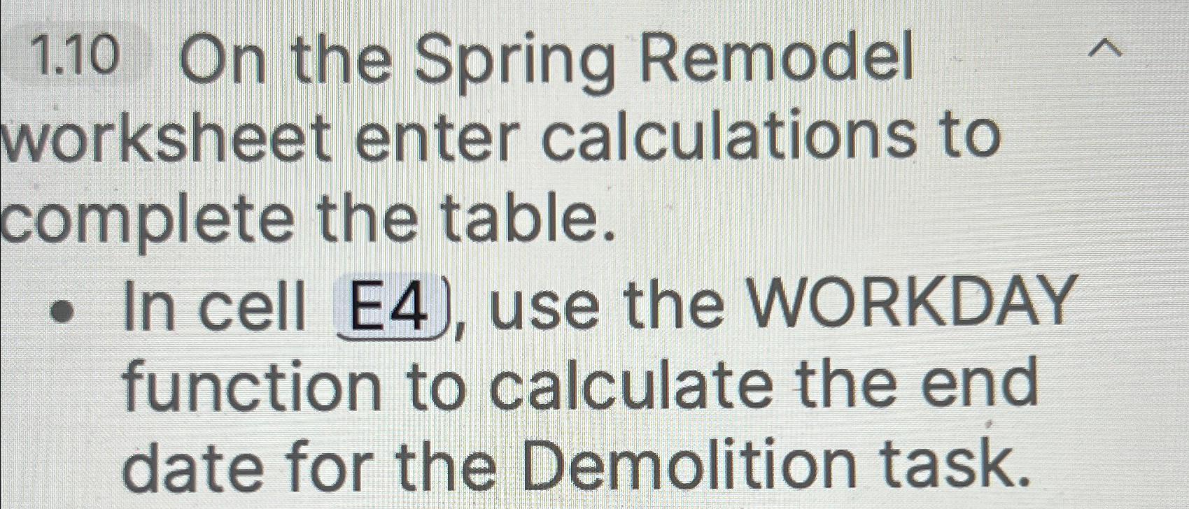 Solved 1.10 ﻿On the Spring Remodel worksheet enter | Chegg.com