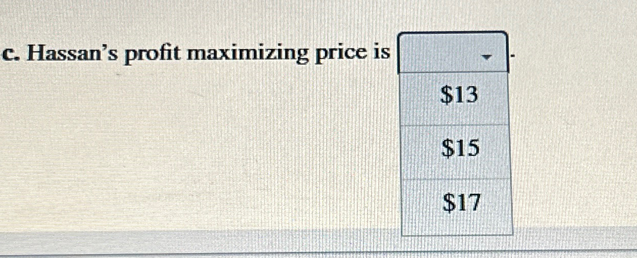 Solved c. ﻿Hassan's profit maximizing price | Chegg.com