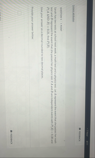 Solved 1 ﻿hour4111Content attributionQUESTION 5 • 1 | Chegg.com