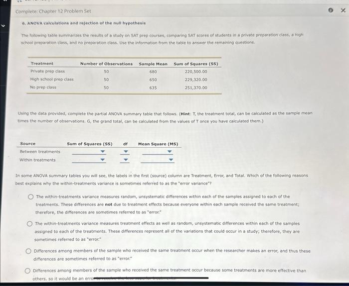 Solved 6. ANOVA calculations and rejection of the null | Chegg.com