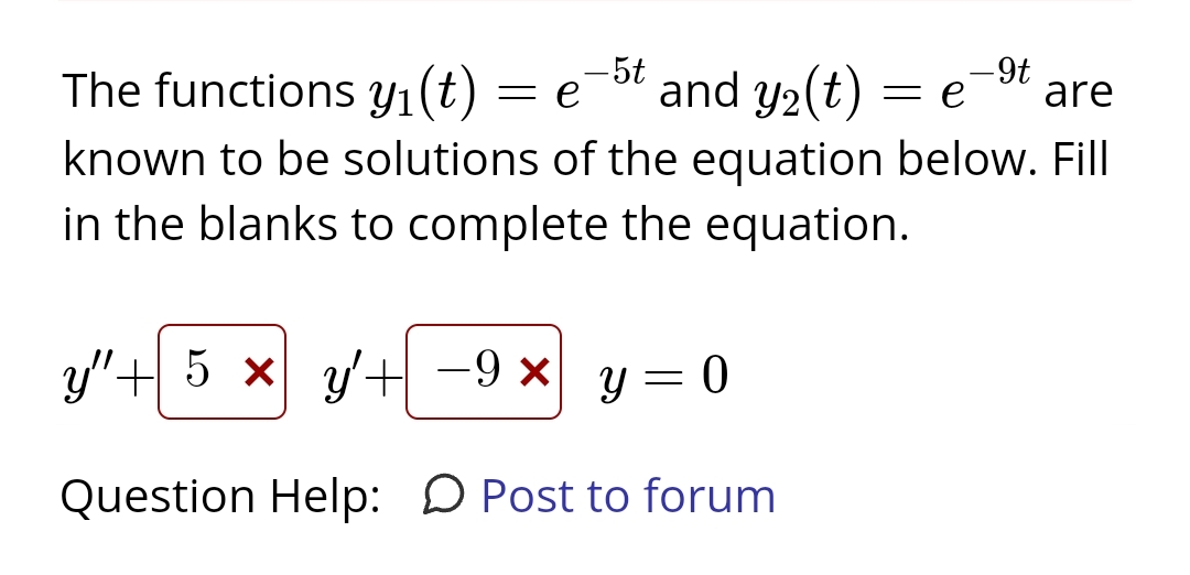 Solved The functions y1(t)=e-5t ﻿and y2(t)=e-9t ﻿are known | Chegg.com