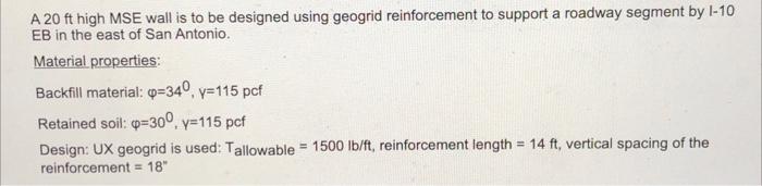 Solved A 20ft high MSE wall is to be designed using geogrid | Chegg.com