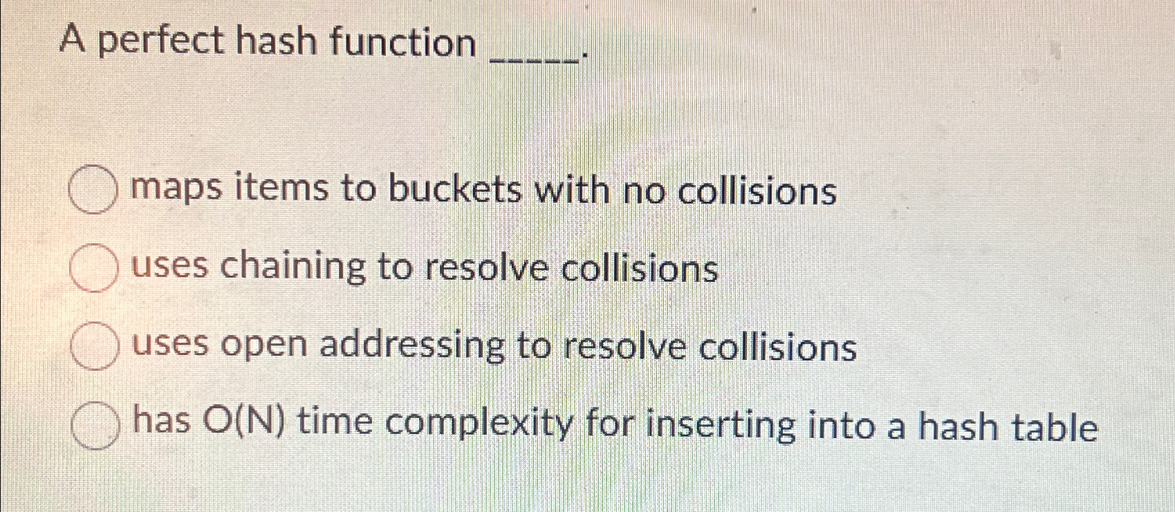 Solved A perfect hash functionmaps items to buckets with no | Chegg.com