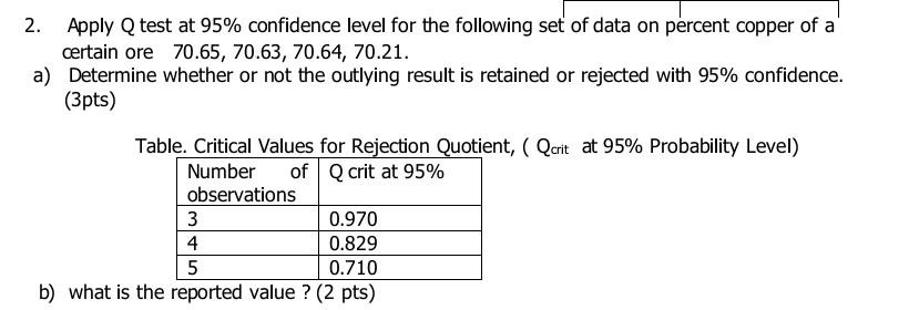 Solved 2. Apply Q test at 95% confidence level for the | Chegg.com