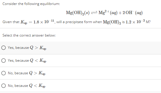 Solved Consider the following equilibrium: Given that Ksp | Chegg.com