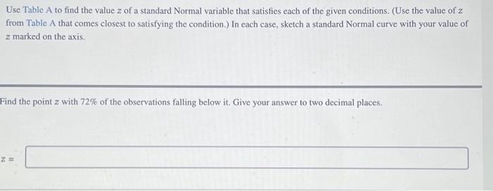 Solved Use Table A to find the value z of a standard Normal | Chegg.com