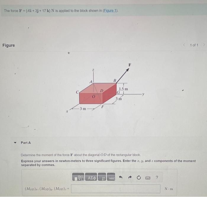 Solved The force F={−6i+3j+17k}N is applied to the block | Chegg.com