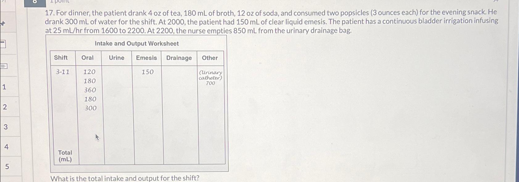 Solved For dinner, the patient drank 4oz ﻿of tea, 180mL ﻿of | Chegg.com