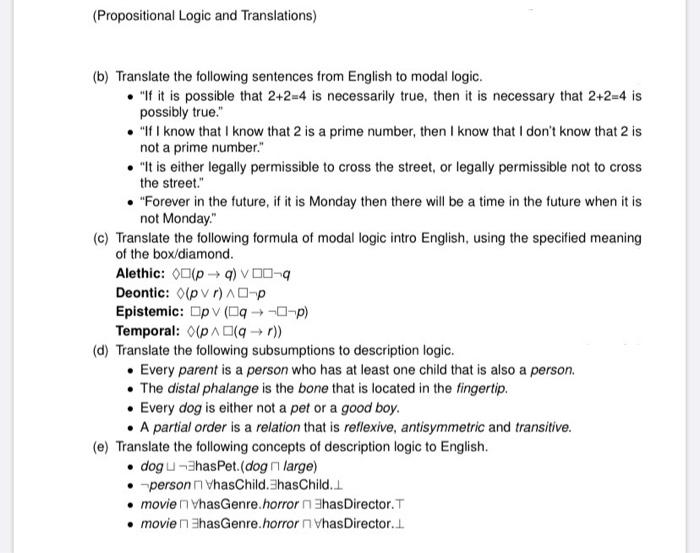 Solved (Propositional Logic and Translations) (b) Translate | Chegg.com