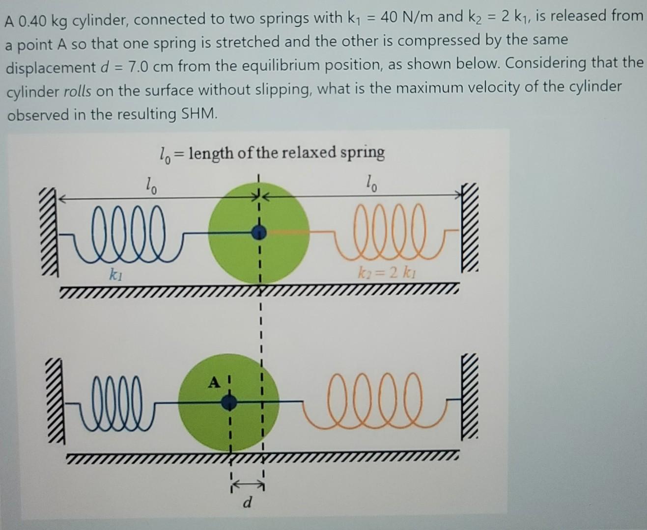 Solved A 0.40 kg cylinder, connected to two springs with | Chegg.com