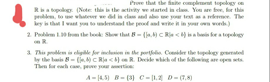 Solved Prove that the finite complement topology on R is a | Chegg.com