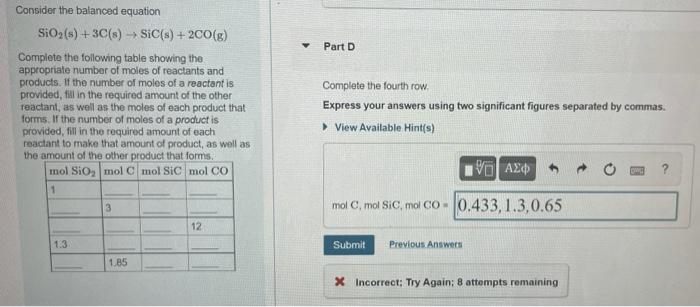 Solved Part D Consider the balanced equation SiO2 (s) + | Chegg.com