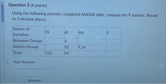 Solved Using the following partially completed ANOVA table, | Chegg.com