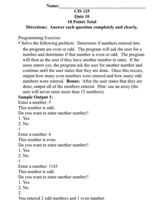 Solved Name: CIS 125 Quiz 10 10 Points Total Directions: | Chegg.com