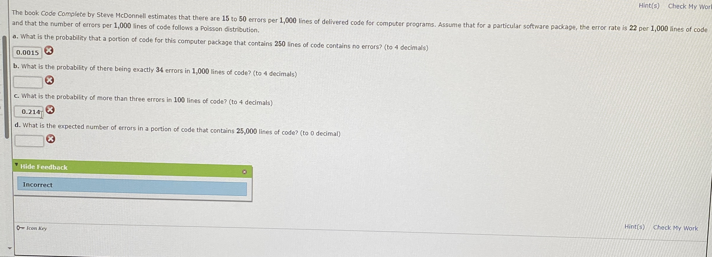 Solved Hint(s) ﻿Check My Worland that the number of errors | Chegg.com