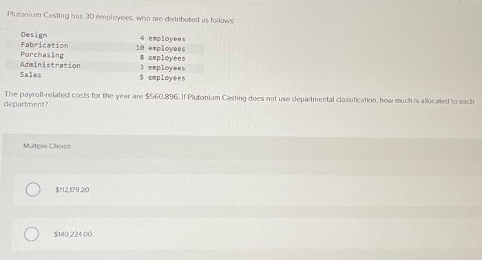 Solved Plutonium Casting has 30 employees, who are | Chegg.com