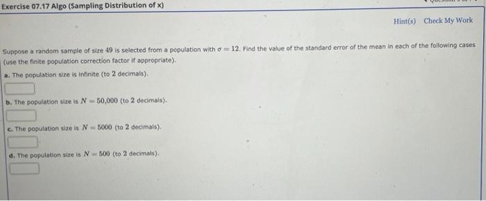 Solved Exercise 07.17 Algo (Sampling Distribution of x) | Chegg.com