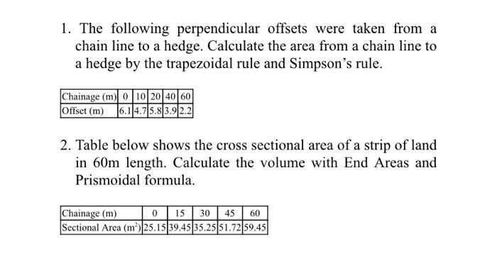 Solved 1. The following perpendicular offsets were taken | Chegg.com