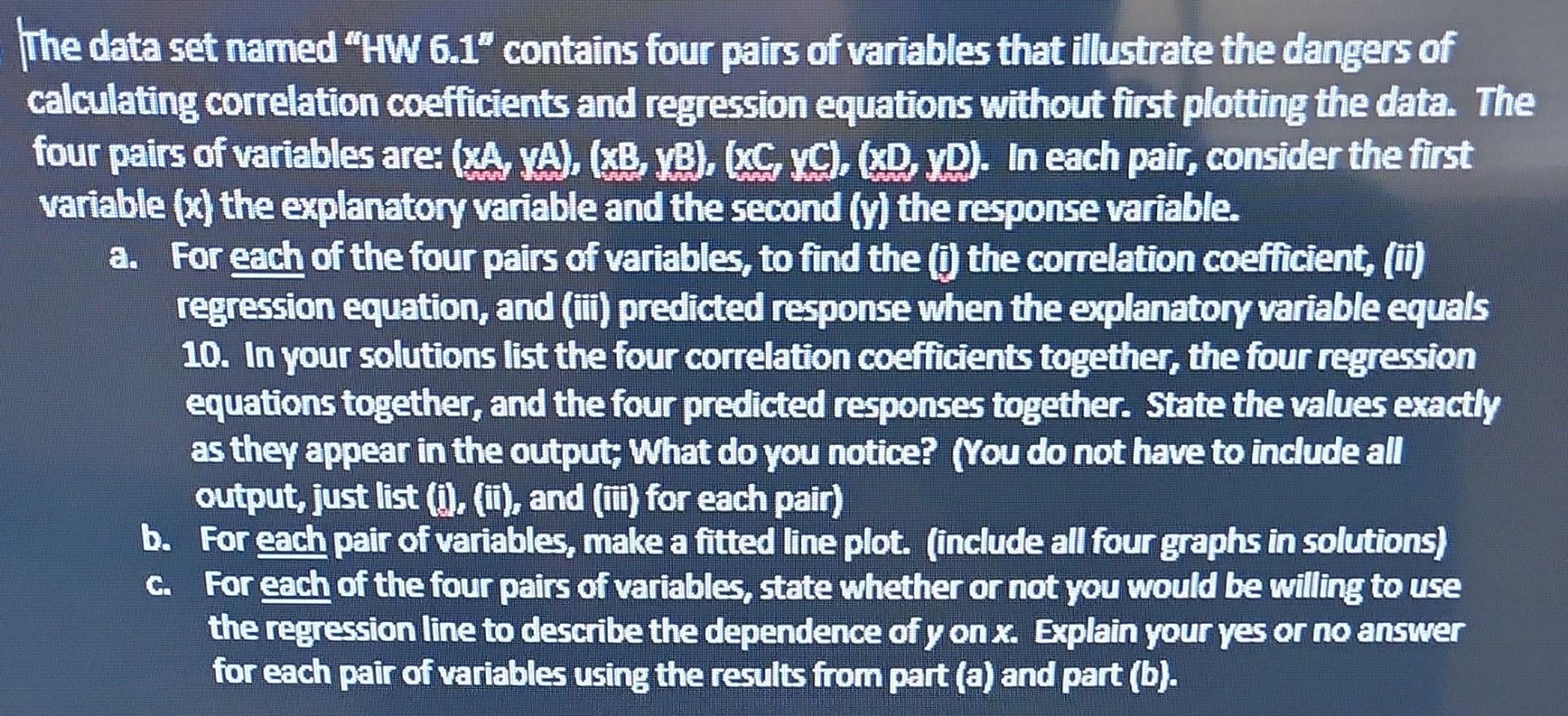 Solved The data set named "HW 6.1′′ contains four pairs of | Chegg.com