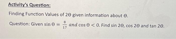 Solved Activity's Question: Finding Function Values of 2θ | Chegg.com