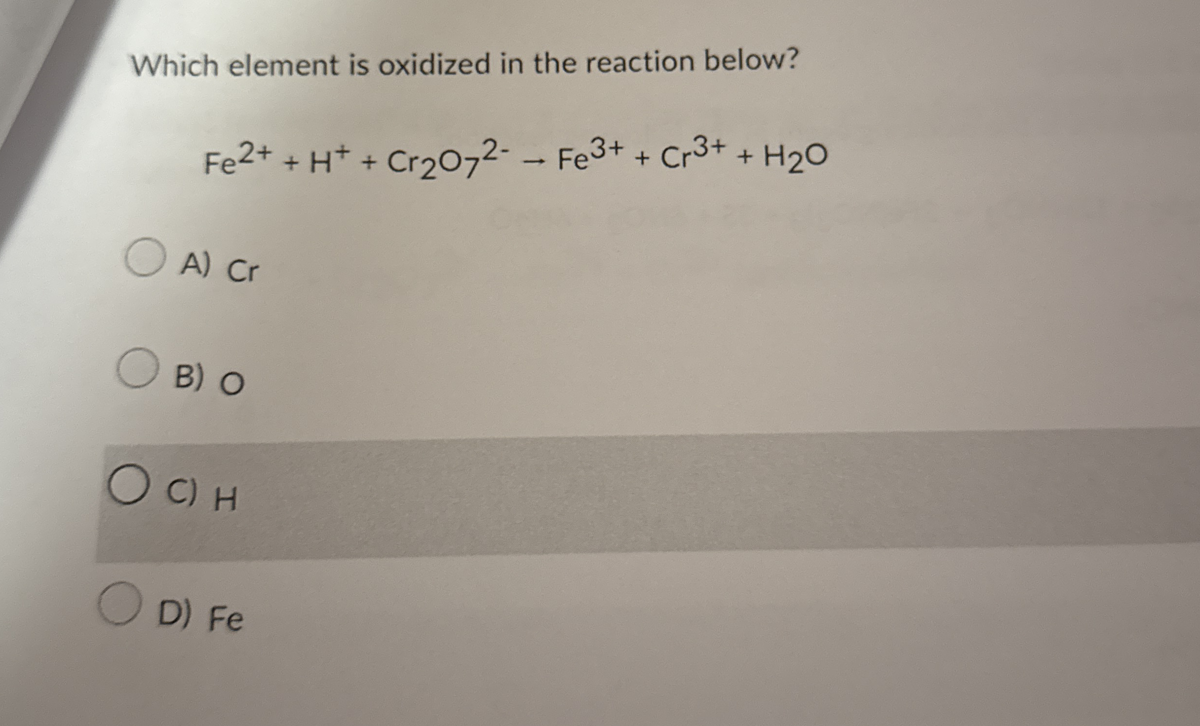 Solved Which element is oxidized in the reaction | Chegg.com