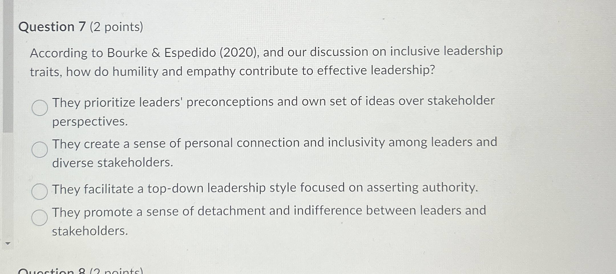 Solved Question 7 (2 ﻿points)According to Bourke & Espedido | Chegg.com
