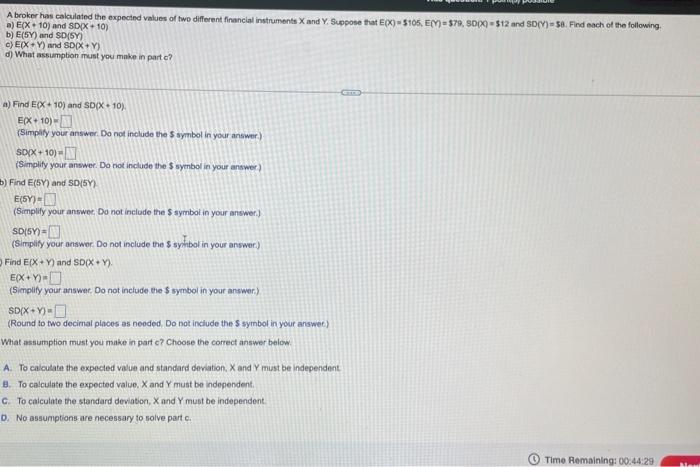Solved A broker has calculated the expected values of two | Chegg.com