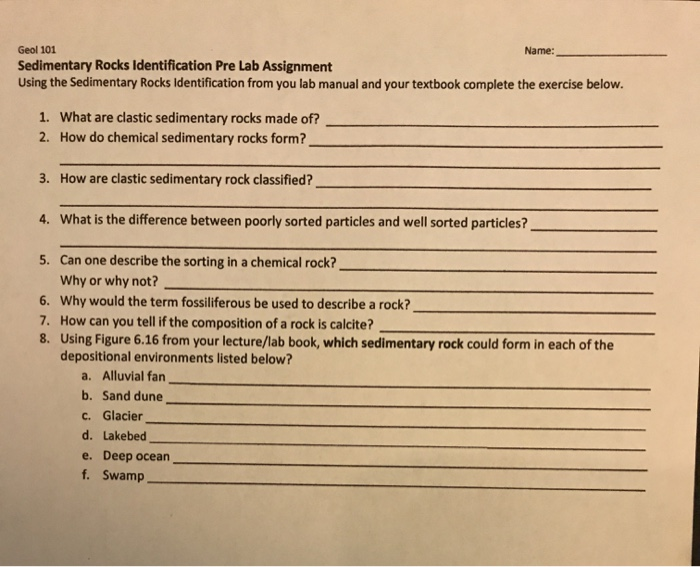 Solved Geol 101 Name: Sedimentary Rocks Identification Pre | Chegg.com