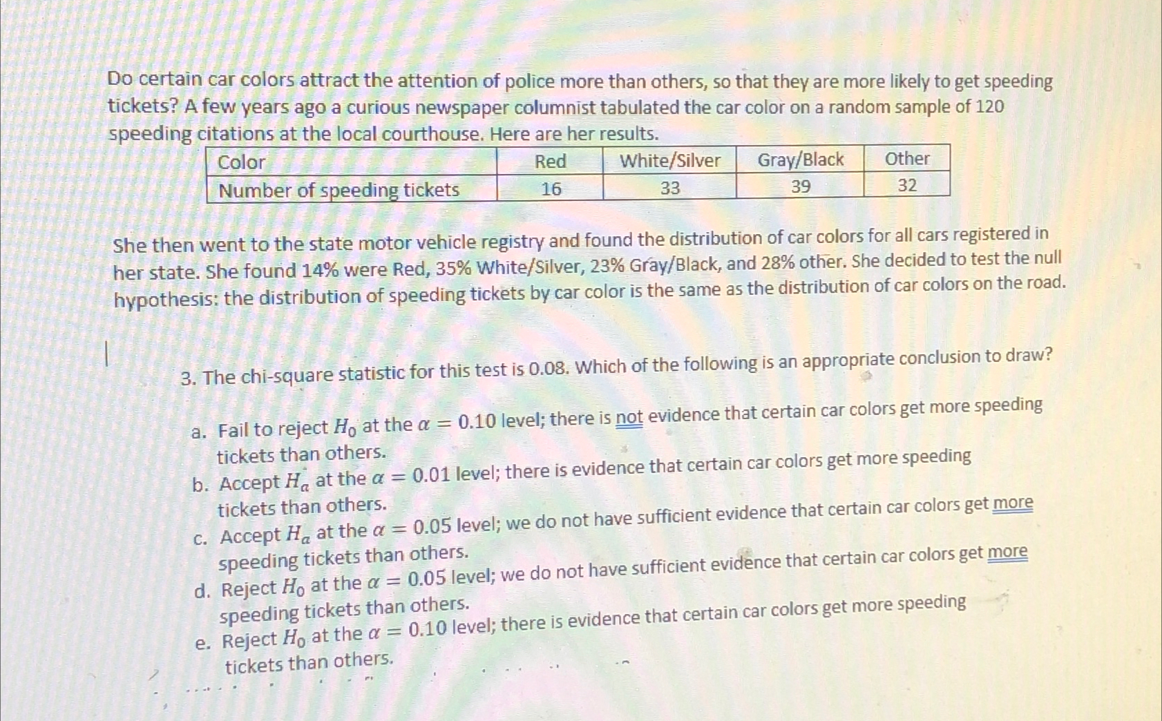 Solved Do certain car colors attract the attention of police | Chegg.com