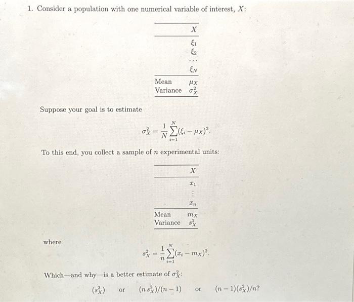 Solved 1. Consider a population with one numerical variable | Chegg.com