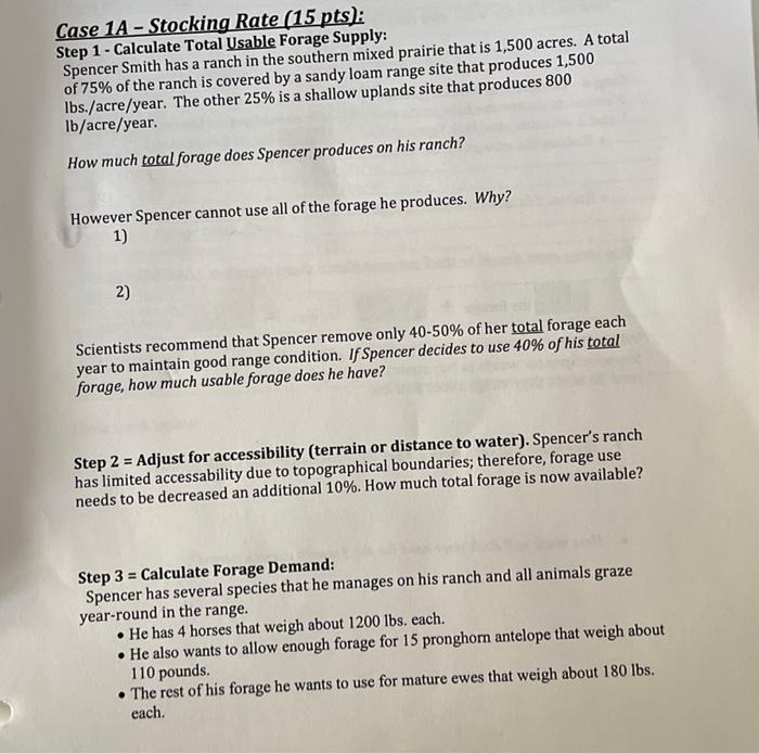 Case 1A - Stocking Rate (15 pts): Step 1 - Calculate | Chegg.com